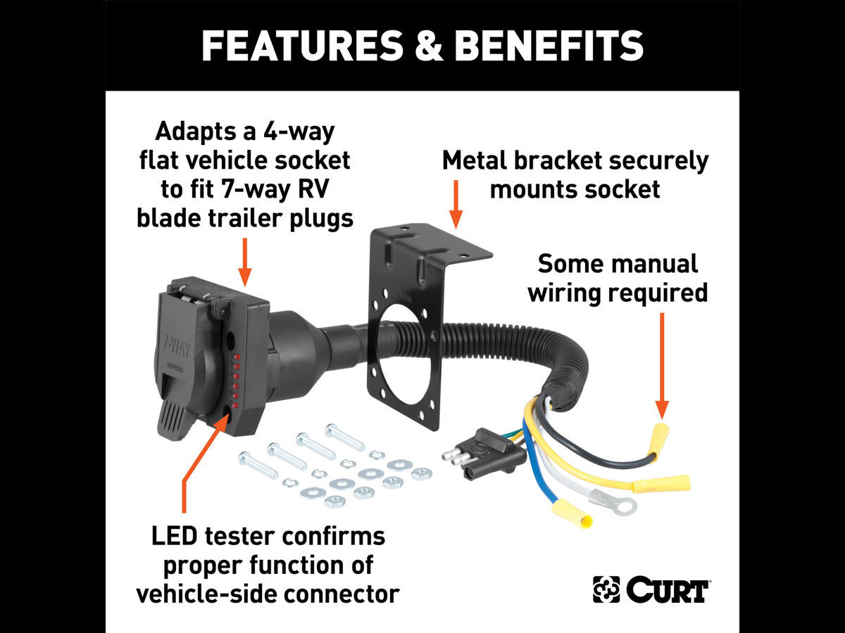 Curt Electrical Adapter With Tester (4-Way Flat Vehicle to 7-Way RV ...