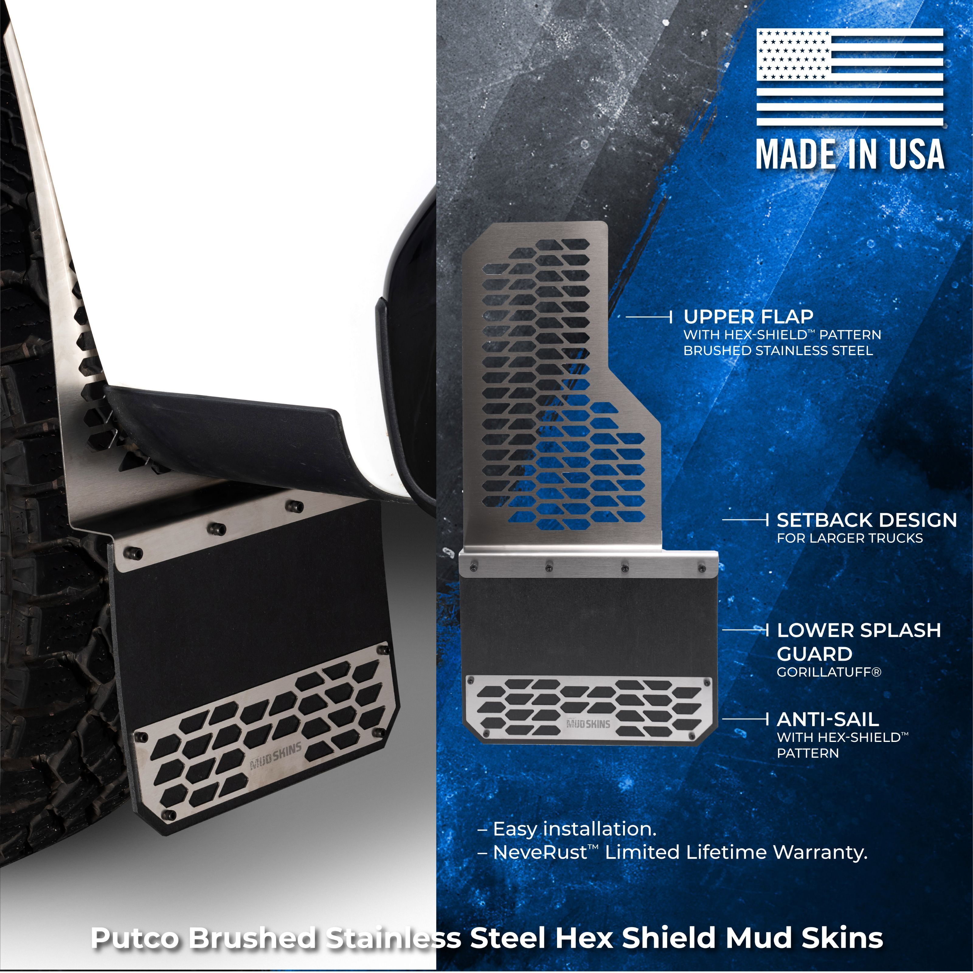 Putco Mud Skins - Brushed Stainless Steel (Featuring Hex Shield Pattern ...